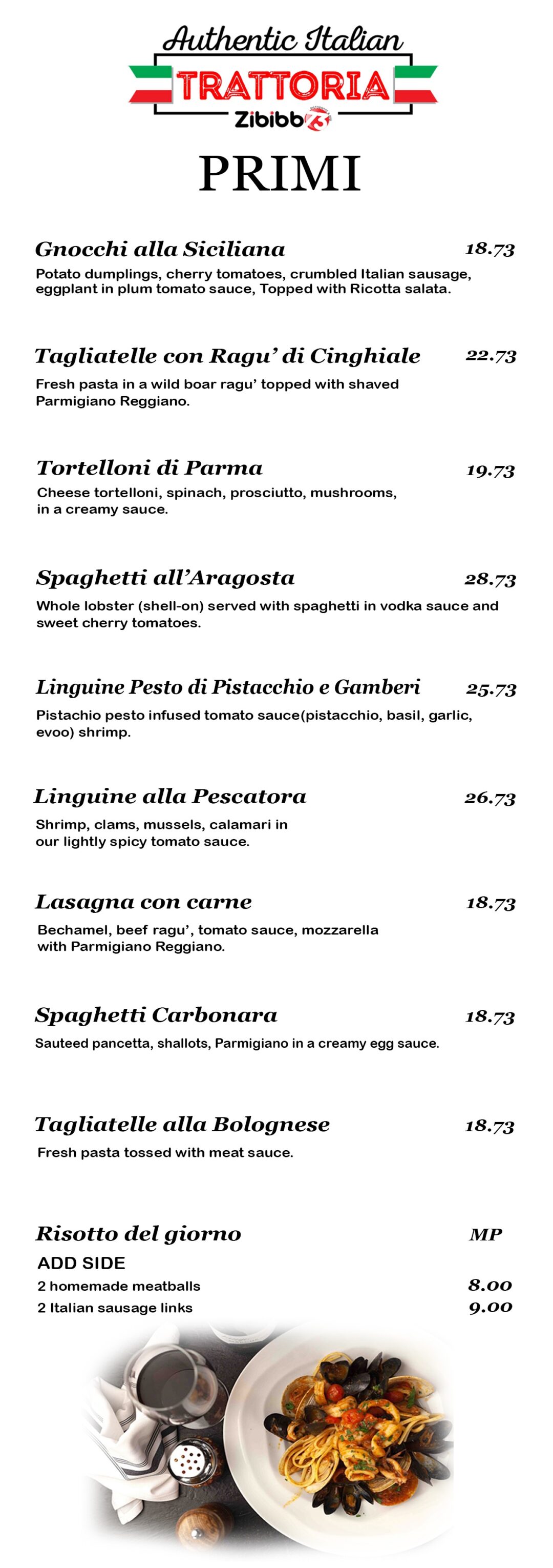 Dinner menu | Zibibbo 73